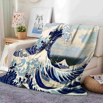 Generic Vagues De Style Japonais Couverture Plaid Bleu 130x150 cm Plaid Polaire, Couverture et Plaid Canapé Grande Taille en Flanelle Douce et Chaude, Confort