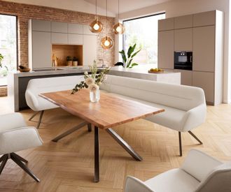 DELIFE Esszimmerbank Taya-Flex 285x190 cm Boucl&eacute; Creme-Wei&szlig; Kreuzgestell kantig Graphit Taschenfederkern Rechts, B&auml;nke