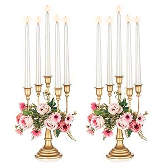 Nuptio Nuptio Chandeliers Or 29.5cm Set de 2 Chandeliers en Métal 5-Bougies Bougeoirs Porte-Bougies Cheminée Réception de Mariage À Manger Décoratif Antique 