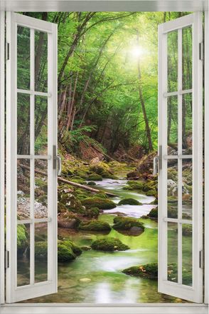Wallario Poster - Fluss im Wald in Premiumqualit&auml;t, Gr&ouml;&szlig;e: 61 x 91,5 cm mit Fenster-Illusion (Maxiposter)