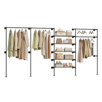 Woltu Penderie Murale, Portant à Vêtements, Dressing Mural, en Tube Métallique, Design Ouvert, Style Vintage, Noir + Marron Rustique