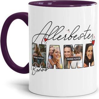 Tassendruck Fototasse mit Spruch - Allerbeste Bonus Mama - zum Selbst gestalten mit Foto-Collage für 4 Fotos, Innen & Henkel Violett, 300 ml