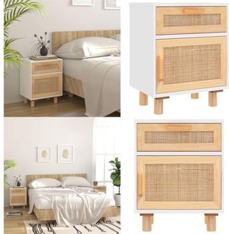 vidaXL Nachttisch Weiß Massivholz Kiefer und Natur-Rattan - Nachttisch - Wohnzimmermöbel - Skandinavisches Design - Holzmöbel - Massivholzkörper - Home &