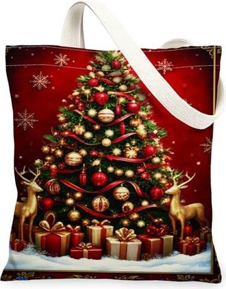 Generic Sacs fourre-tout en toile motif sapin de No&euml;l, sacs d&eacute;picerie r&eacute;utilisables, &eacute;l&eacute;gants et chics, lavables, Rouge, 13x15 Inch