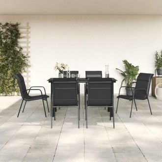 vidaXL Vidaxl - Ensemble table et chaises de jardin 7 pcs - Noir textil&egrave;ne et acier - Table 140x70cm avec verre tremp&eacute; - Chaises confortables et r&eacute;sistantes