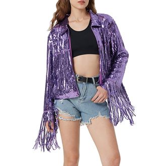Generic Damen Glitzer Pailletten Jacke Pailletten-Fransenjacke -Jacke Disco-Thema Country Konzert Rave Festival Outfits f&uuml;r Damen Langarm Bomberjacke Rei&szlig;vers