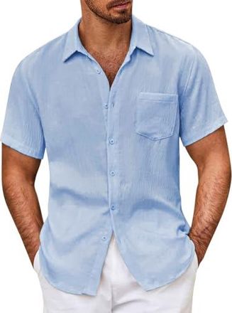 Generic Chemise en lin et coton pour homme - Manches courtes - Coupe droite - Chemise en coton &agrave; manches courtes - L&eacute;g&egrave;re - Pour l&eacute;t&eacute; - Chemise de plage basiq