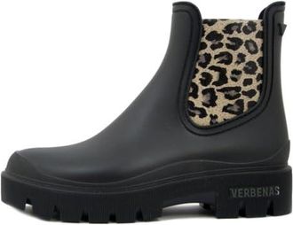 OSVALDO PERICOLI Bottines de pluie pour femme en caoutchouc noires et animales, talon bas, VERBENAS - MAE, Noir avec &eacute;lastique animal, 37 EU