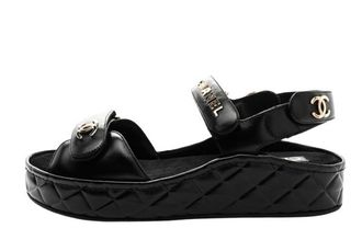 Chanel Black Leather Wedge Sandals Size 41