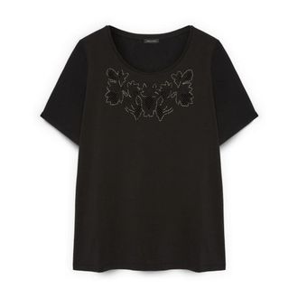 Fiorella Rubino Bi-Material T-Shirt mit floraler Stickerei - - Tops - Damen - Schwarzk - L