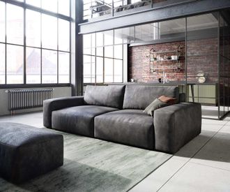DELIFE Big-Sofa Lanzo 230x95 cm Lederimitat Vintage Anthrazit mit Hocker, Big Sofas