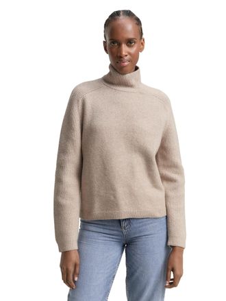 Tom Tailor Damen 1049063 Relaxed Fit Strickpullover mit Stehkragen, 38909-Cosy Beige Melange, L