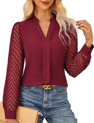 Grace Karin Femme Oversize Chemise Business Élégant Haut Dentelle Manches Transparentes Blouse Loisirs Rouge foncé XXL