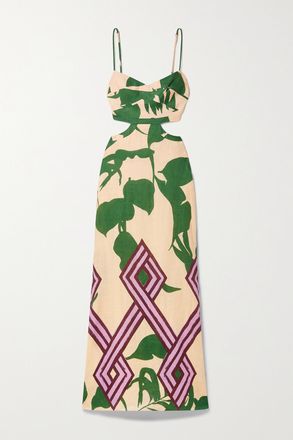 Johanna Ortiz Between Daydreams Maxikleid Aus Leinen Mit Print Und Cut-out - Gr&uuml;n
