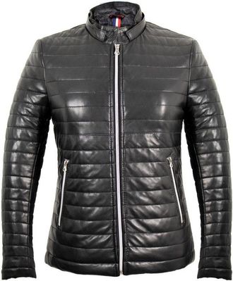 MDM Lederjacke Damen Leder Steppjacke Schwarz Lammleder Slim Fit Fell Kapute, Gesteppt