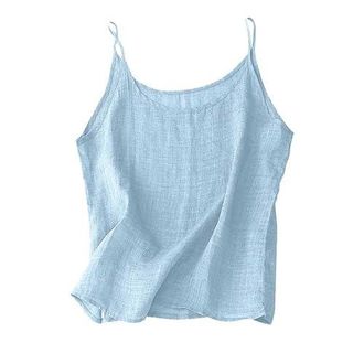 Generic D&eacute;bardeur en lin &agrave; bretelles pour femme - Confortable - Col rond - Couleur unie - Camisole - Chemises de vacances - Gilet ample et respirant sans manc