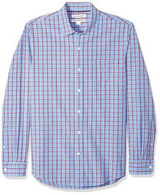 Amazon Essentials Herren Langärmeliges Hemd aus Popeline, Schmale Passform, Blau Karomuster/Rot, S