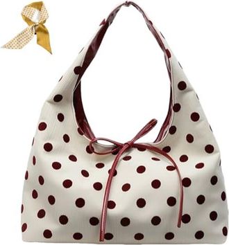Generic Slouchy Polka Dot Tote Bag for Women,Cute Bow Tie Crescent Hobo Bags,Large Underarm Shoulder Handbag,Satchel for Travel Work (Red)