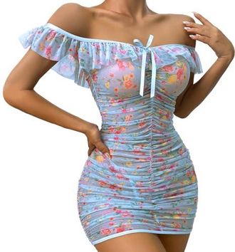Generic Lingerie Vintage sous-v&ecirc;tements Amusants pour Femmes Voir &agrave; Travers des sous-v&ecirc;tements de Fleurs Sexy Ensemble de Robe de Pyjama pliss&eacute; imprim&eacute; en Mai