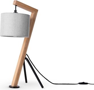 Paco Home Tischlampe Holz Nachttischlampe Schreibtischlampe Retro E27 Fassung Tischleuchte Wohnzimmer Vintage Stoff Lampenschirm Leselampe Modern