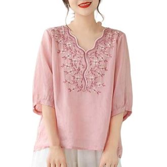 Generic Chemise en lin pour femme - Coupe ample - Col en V - Motif floral brod&eacute; - Chemisier d&eacute;t&eacute; d&eacute;contract&eacute; - V&ecirc;tements de plage et de vacances, Rouge, XXL
