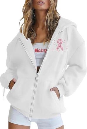 Generic Vestes pour femmes 2026 Sweat &agrave; capuche zipp&eacute; &agrave; manches longues pour femme, blanc, XXL