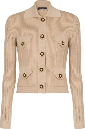 Balmain Cardigan Court en Maille C&ocirc;tel&eacute;e - Femme - Pulls - Beige - Taille: 46 FR