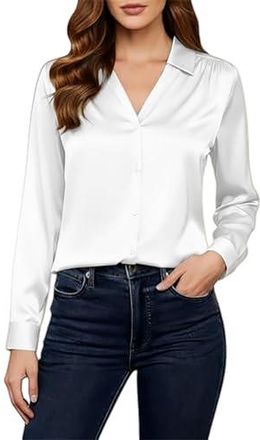 Generic Chemisier &agrave; manches longues pour le travail grande taille - Chemisiers en satin pour femme - Chemise habill&eacute;e &eacute;l&eacute;gante &agrave; boutons - Col en V - Col en V