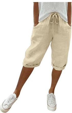 Generic Short d&eacute;t&eacute; d&eacute;contract&eacute; en Coton et Lin avec Cordon de Serrage &agrave; la Taille Poches pour Femme randonn&eacute;e Longueur Genou V&ecirc;tement d&eacute;tente Haute