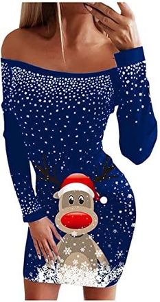 Generic Robes amincissantes 2026 pour femmes, mini robe d&eacute;contract&eacute;e &agrave; manches longues et coutures avec imprim&eacute; flocon de neige et cerf, bleu, L