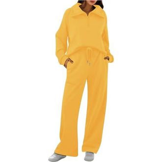 Generic Ensemble de v&ecirc;tements de d&eacute;tente pour femme - Doublure en satin pour femme - Pull &agrave; manches longues - Surv&ecirc;tement 2 pi&egrave;ces pour femme, jaune, XXXXL