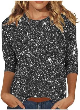 Generico Chemise &eacute;l&eacute;gante pour femme avec paillettes brillantes - Col rond avec fermeture &eacute;clair - Haut pour femme - Pour f&ecirc;te, printemps, vacances, f&ecirc;te, d&eacute;co