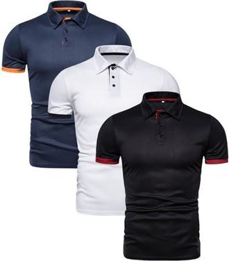 Generic Lot de 3 polos à manches courtes en coton pour homme Coupe ajustée, Polo noir et gris pour homme, 3XL