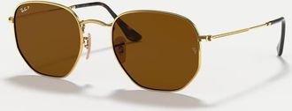 Ray-Ban Lunettes de soleil plates hexagonales &agrave; verres polaris&eacute;s marron - Dor&eacute; arista
