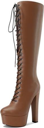 Castamere Femmes Bloc Chunky Haut High Plate-forme Talon Heel Rond Bout Lacets Fermeture à Glissière Mi Mollet Hauteur Genou Bottes 15 CM Heels Marron 43 EU