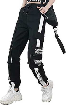 ORANDESIGNE Femme Pantalon Cargo Casual Gothique Punk Pantalon Danse Bas de Survêtement Hip Hop Noir Multi-Poches Streetwear H Noir M