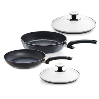 FISSLER Adamant Pfannen-Set 4-teilig / (1x Adamamt Classic 24 cm & 1x Adamant Comfort 28 cm) + Glas-Deckel, beschichtete Aluminiumpfannen antihaftend, kratzfe