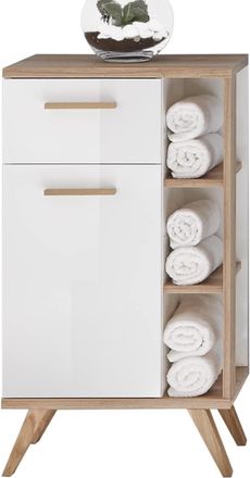 PELIPAL Badezimmerschrank Quickset 923 in Wei&szlig; Glanz/Riviera Eiche quer Nachbildung, 50,5 cm breit | Unterschrank mit 1 T&uuml;r, 1 Schubkasten, 1 seitliches Ablag