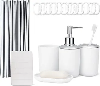 Amazon Basics Accessoires Salle de Bain: Rideau de Douche avec Anneaux, Tapis de Bain Memory Foam, Distributeur de Savon, Porte-Savon, Porte-Brosse &agrave; Dents & Gobele