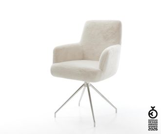 DELIFE Esszimmerstuhl Heira-Flex mit Armlehnen Pl&uuml;sch Creme-Wei&szlig; Kreuzgestell konisch Edelstahl Taschenfederkern, Esszimmerst&uuml;hle