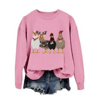 Generic Pull Moche de Noel Femme des Pulls de Noël Sweatshirt a Manches Longues Et Col Rond Imprimé Animaux de La Ferme pour Femme Motif Poulet de Noël Amusan