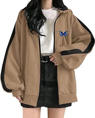 Generic 2026 Vestes pour femmes Automne Hiver Casual Loose Polaire &agrave; Capuche Zipp&eacute;e Manches Longues Imprim&eacute; Veste Manteau, kaki, M