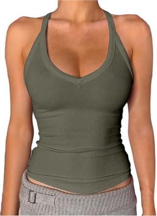 Generic Haut dété en dentelle à col en V sans manches pour femme - Décontracté - Col en V - Dos nageur - Rembourré - Côtelé - Long débardeur ajusté basique - 