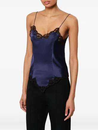 Isabel Marant Silk Satin with Scalloped Lace Trim Tank Top - Navy