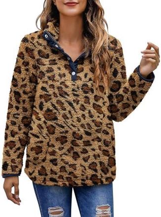 Generic Pull en polaire pour femme - Haut d&eacute;contract&eacute; - Imprim&eacute; l&eacute;opard - Pull thermique &agrave; col boutonn&eacute; - Sweat-shirt dhiver &agrave; manches longues avec poches, ma