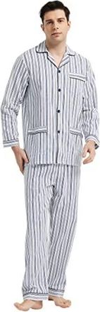 Global Ensembles de Pyjama Homme Long Vetements De Nuit 100% Coton Pantalon Manche Longue Boutonné Pjs Rayures Gris Bleu M