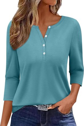 Onsoyours Shirt Damen 3/4 Arm Tshirt V-Ausschnitt Knopfleiste Pullover Sommer Herbst Oberteil Einfarbig Tops Basic Shirt A Hellblau XL