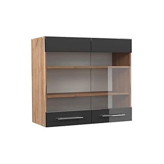 Vicco Meuble de Cuisine Haut vitré Fame-Line, Anthracite Haute Brillance/Chêne de Force doré, 80 cm