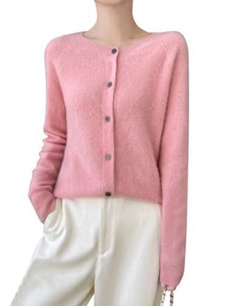 ORANDESIGNE Gilet Femme Chic et Elegant Gilet Court Col Rond Gilets Manches Longues Cardigan Laine Mi-Saison A Rose Clair XL