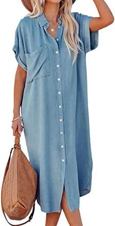 Cupshe Femme Robe Casual Boutonné à Col de Chemise Manchon de Cloche Longue Shirt Robe Tunique Blouse Bleu XL